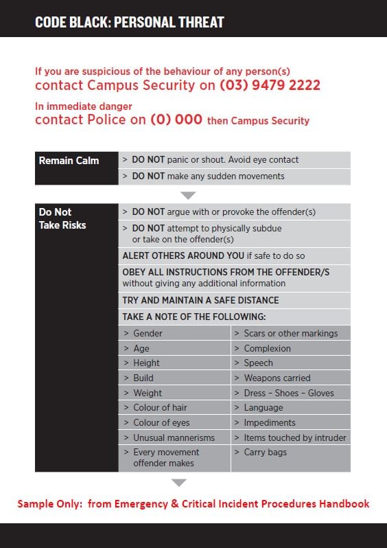 Code Black: Personal Threat, Emergency information, La Trobe University