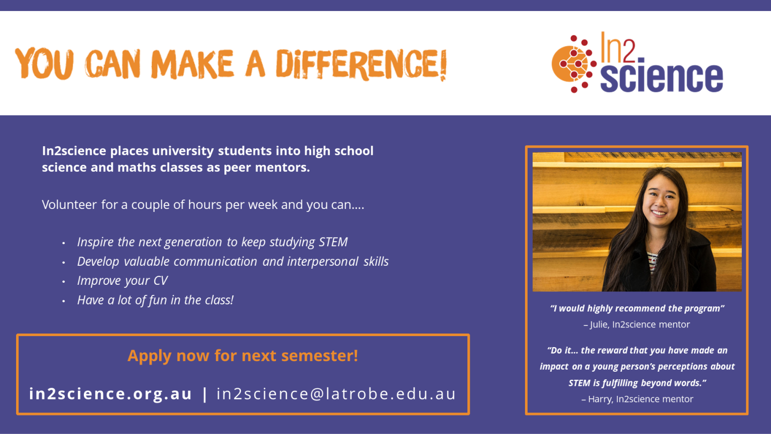 In2science STEM peer mentoring in schools: for La Trobe STEM students ...